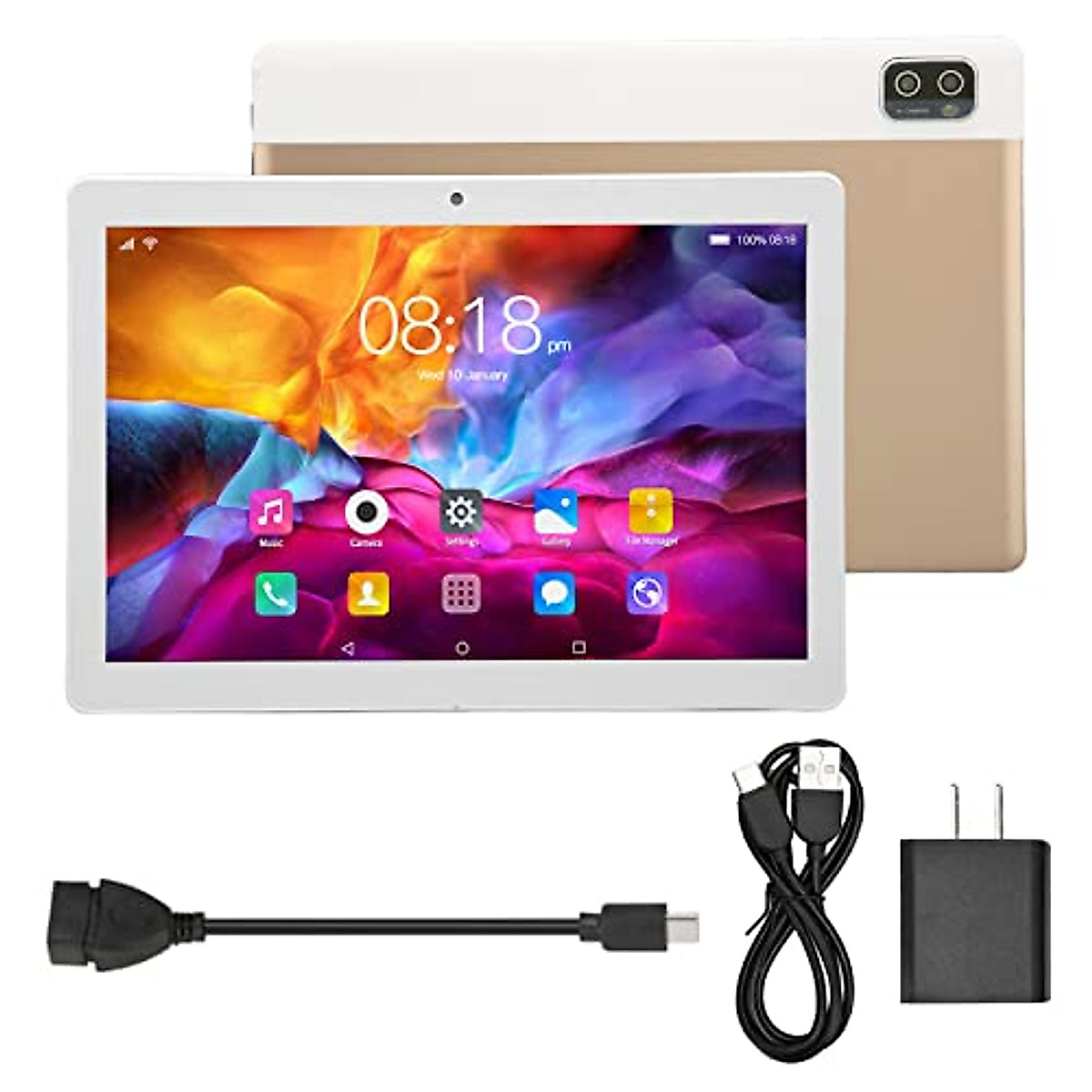 HEEPDD 10.1 Inch Tablet 6GB 128GB 5G WiFi Calling Tablet MT6592 10 Core Calling Tablet for Android 12 Gold for Study (US Plug)