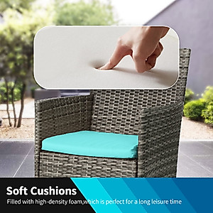 FDW 3 Piece Outdoor Furniture Set Patio Gray Wicker Chairs Furniture Bistro Conversation Set 2 Rattan Chairs with Blue Cushions and Glass Coffee Table for Porch Lawn Garden Balcony Backyard