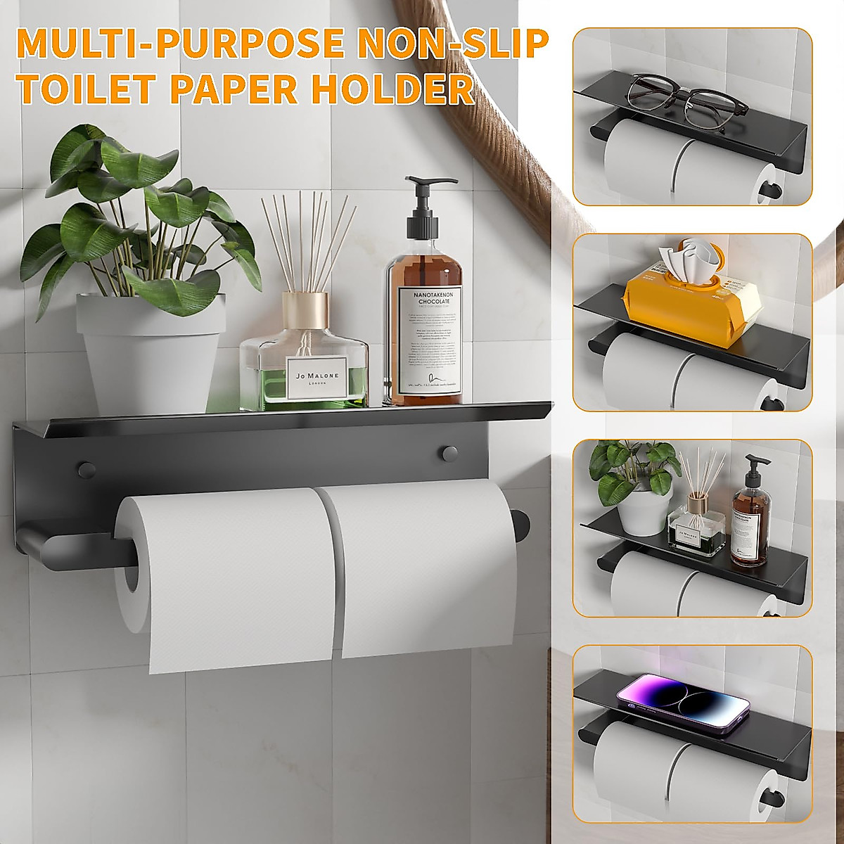 Paper Towel Holder, Aheucndg Wall Mount Paper Towel Holder, Paper Roll Holder with Shelf for Kitchen or Bathroom, Self-Adhesive or Drill Mounting (Black)