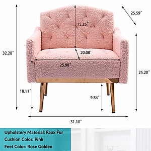 JOYBASE Mid Century Modern Accent Chair, Wood and Steel Armchair, Comfy Reading Chair, Arm Chair for Living Room, Bedroom (Pink, Faux Fur)