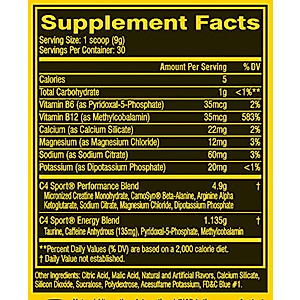 C4 Sport Pre Workout Powder Blue Raspberry - Pre Workout Energy with 3g Creatine Monohydrate + 135mg Caffeine and Beta-Alanine Performance Blend - NSF Certified for Sport | 30 Servings