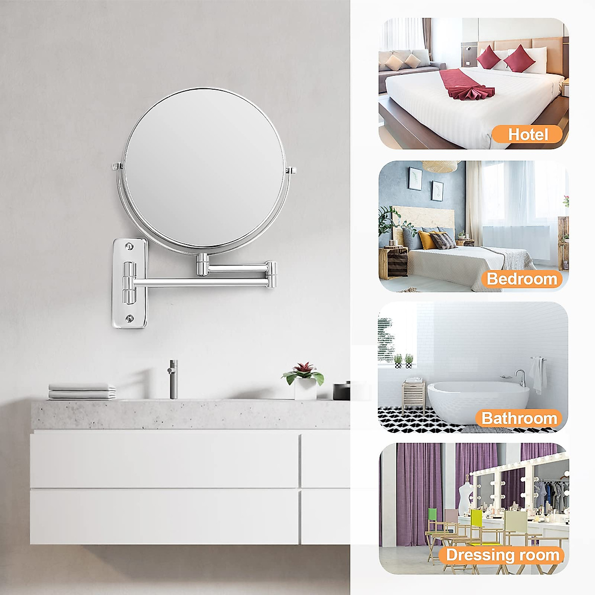 FFowcye 8” Wall Mounted Makeup Mirror - 1X/10X Double Sided Magnifying Bathroom Mirror, 360° Swivel Extendable Vanity Shaving Mirror with Adjustable Arm for Bathroom, Chrome（No Light）