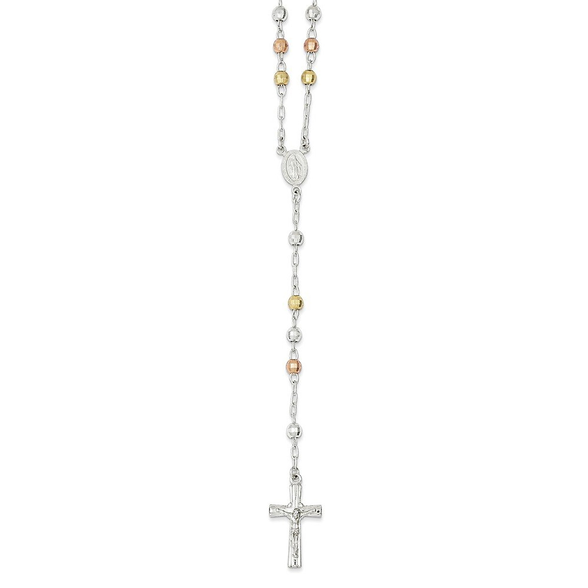 Sonia Jewels 925 Sterling Silver Rosary Textured Tri-color Beads Pendant Necklace Charm Chain 26"