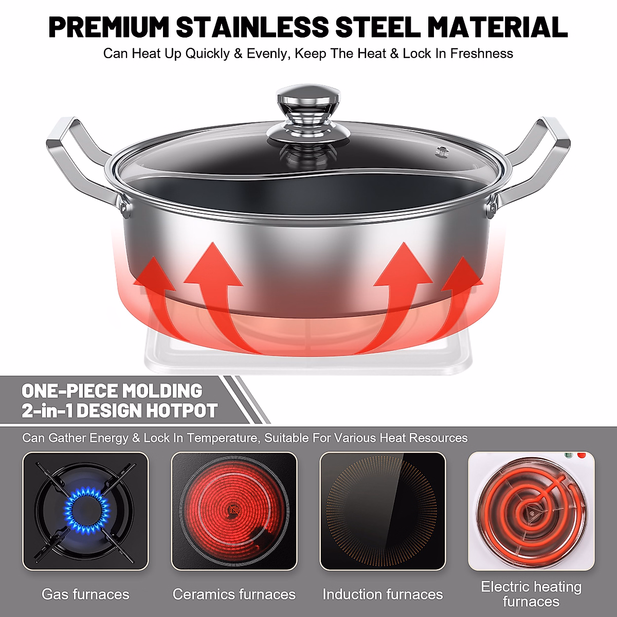 MyLifeUNIT Shabu Shabu Pot, 4.5 Qt Stainless Steel Hot Pot with Weldless Divider, 12 Inches Dual Sided Soup Cookware Pot for Induction Cooktop, Gas Stove