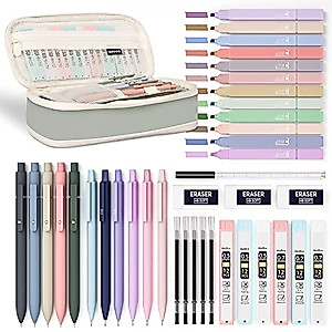 Nicpro 39 PCS Aesthetic School Supplies with Big Capacity Pen Case, 12 Colors Chisel Tip Cute Highlighters, 5 Quick Dry Retractable Black Ink Pens, 6 Pastel Mechanical Pencil 0.5 & 0.7 mm for Students