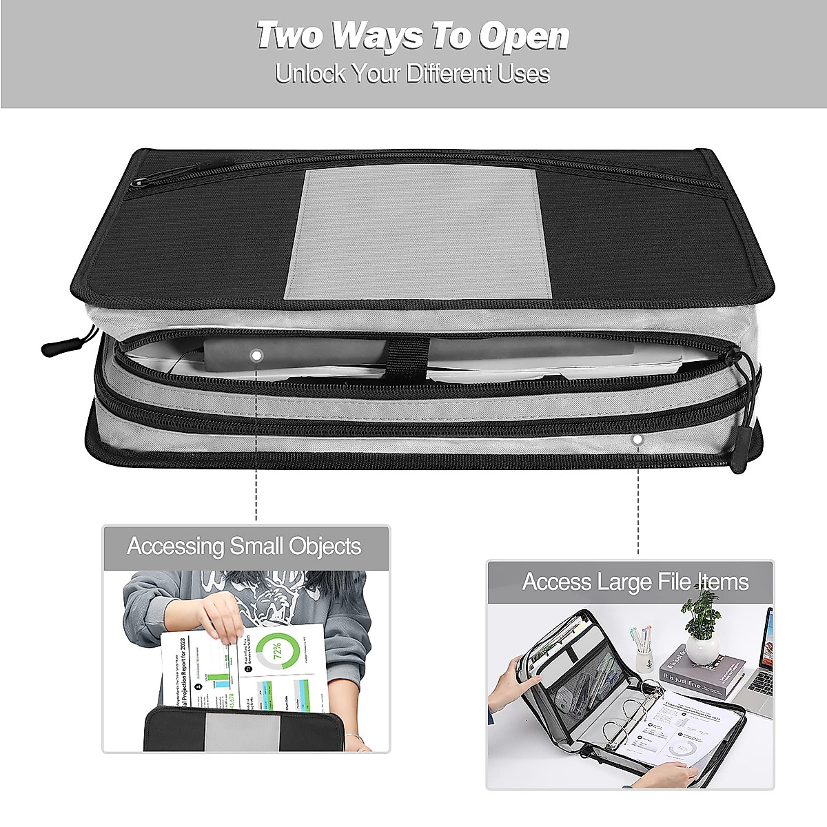 MoKo Zipper Binder, 3 inch 3 Ring Binder with Zipper, 600 Sheet Capacity Multi-Pocket School Binder Organizer, Handle and Shoulder Strap Included, Black & Gray