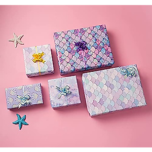 Birthday Wrapping Paper for Girls Women Kids Baby Shower Shining Mermaid Scale Scallop Pink Galaxy 4 Style Gift Wrap Paper for Graduation Wedding Anniversary 12 Folded Sheets 20.5 * 28.7 inch