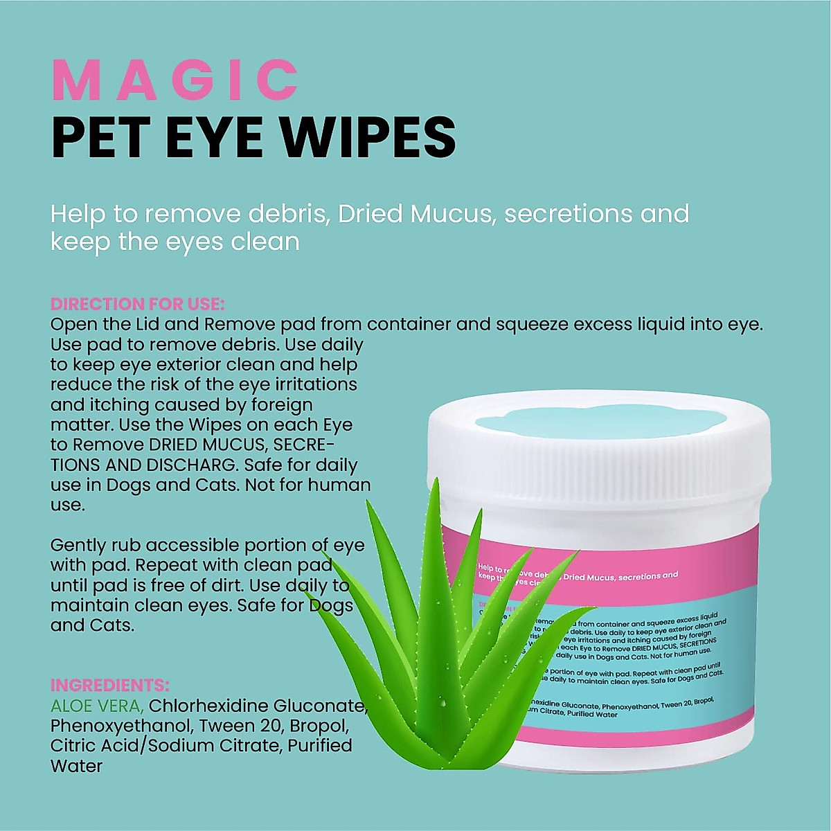 Pet Eye Wipes Aloe Vera, Moisturizer Presoaked Wash Pads for Dogs and Cats, Eye Cleaner Wipes, Gently Remove Tear Stain Mucus Irritations Itching, Reduce Cataract Natural Ingredients, Eye Care 120 pcs