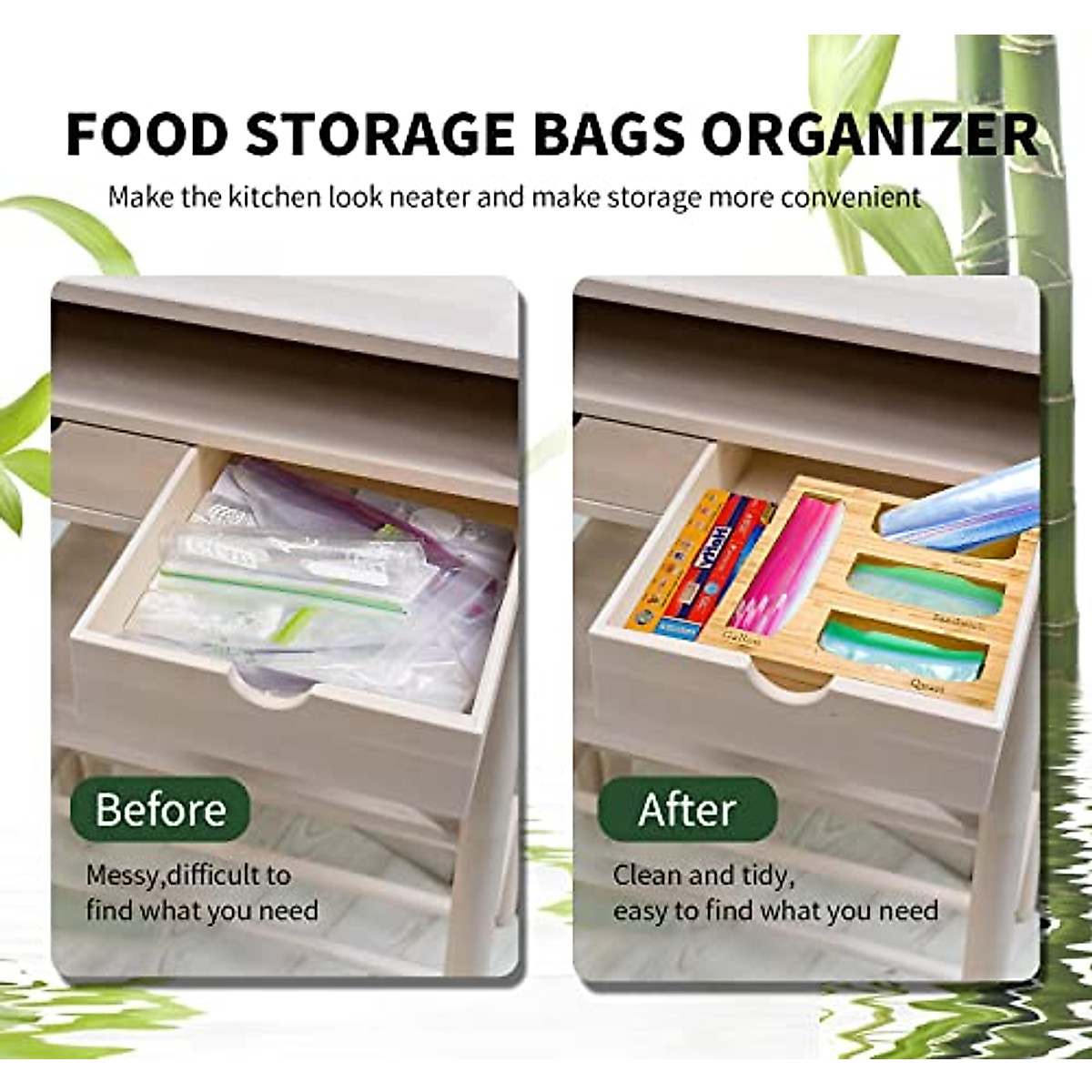 Bamboo Ziplock Bags Organizer for Kitchen Drawer - Food Storage Plastic Bag Dispenser Holder Containers, Openable Lid Wooden Organization Box for Gallon Snack Sandwich Quart Variety Size Baggies