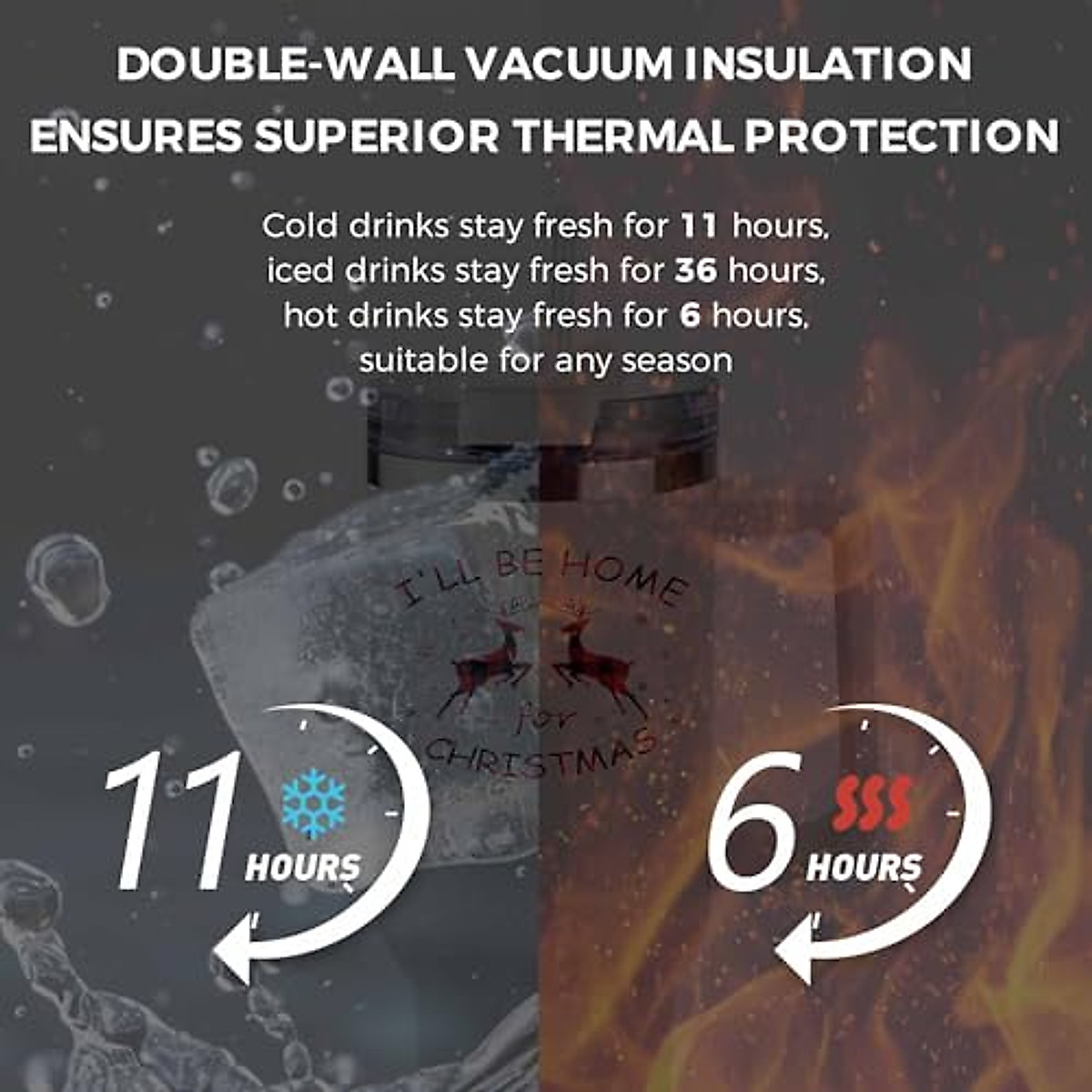 LB LEOBON 40 ounce insulated cup with handle, double-layer vacuum stainless steel material, equipped with straw, can keep warm or maintain cold drinks Reindeer I'll Be Home for Christmas white