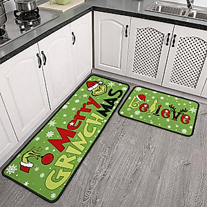 Faptoena Merry Grinchmas Christmas Kitchen Rugs and Mats Set of 2,Christmas Kitchen Decoration,Non Slip Absorbent Kitchen Mat Waterproof Runner Rug for Laundry Room and Sink