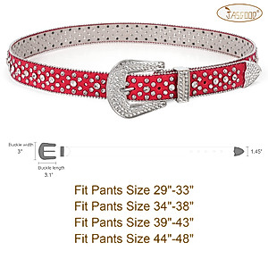JASGOOD Rhinestone Belt for Women and Men, Western Cowgirl Cowboy Bling Studded Leather Belt Rhinestone Belt for Jeans Pants Dress, C-Red, Suit Pants Size 28”-33”