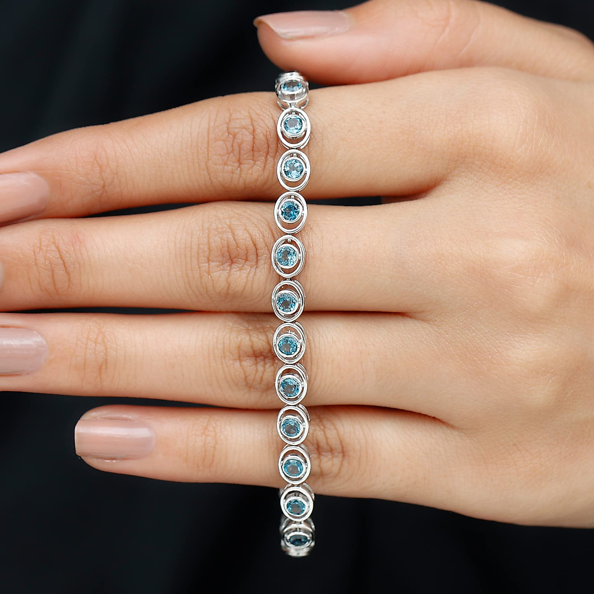 Certified London Blue Topaz Tennis Bracelet For Women, AAA Quality, December Birthstone Bracelet, 14K White Gold, 6.5 inches