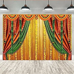 Lofaris India Pooja Photography Backdrop Puja Ganpati Pooja Traditional Mehndi Festival Background Decorations Wedding Party Marigold Garlands Photo Props 9x6ft