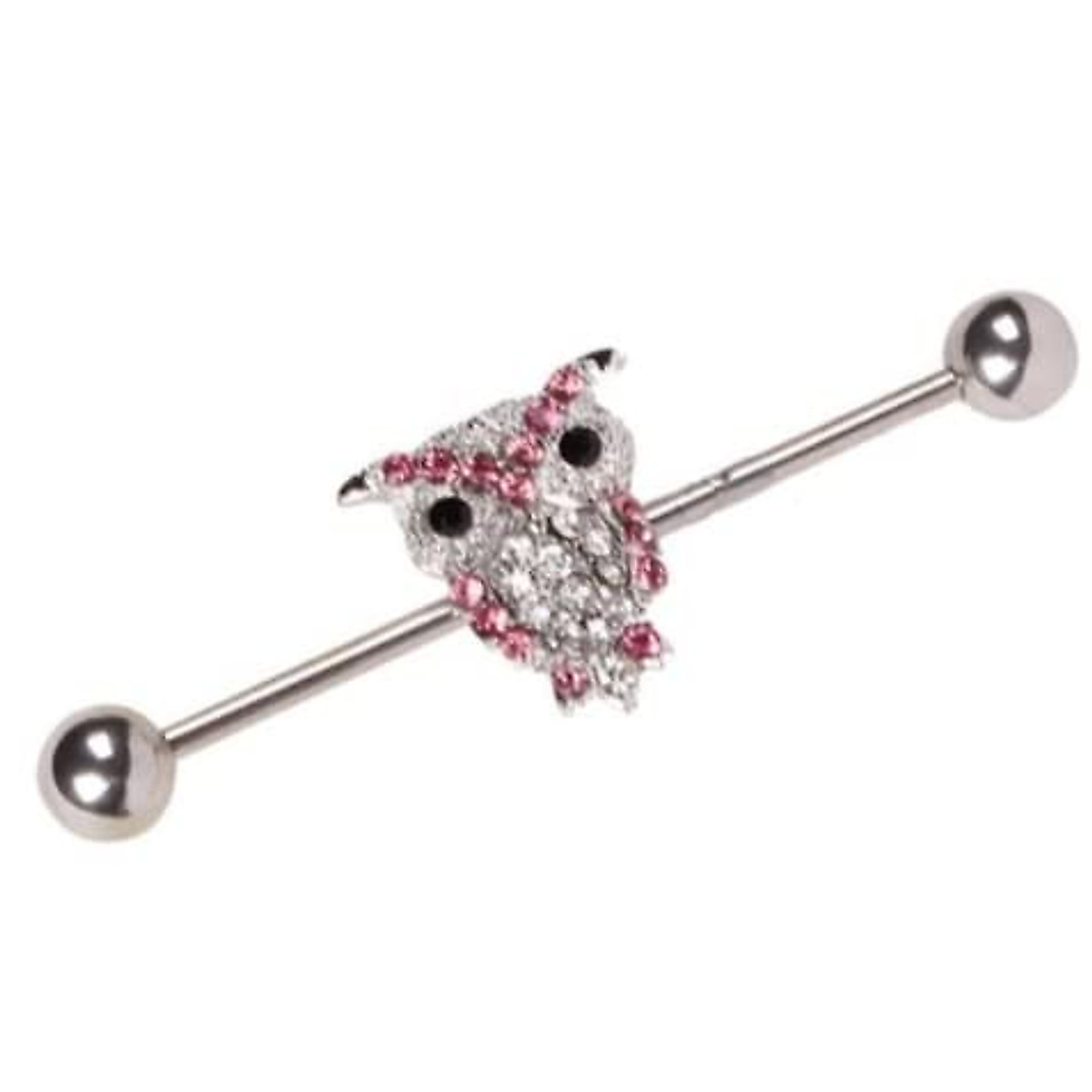 Pierced Republic 14G Industrial Stainless Steel Barbell - Owl w/ Pink Gems - 14 Gauge Cartilage Industrial Ear Piercing Jewelry silver