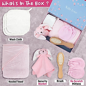 FOREVERPURE Baby Towels with Hood Newborn Gift Set - Gentle & Soft Baby Bath Towels Hooded w/Washcloths, Mittens, Brush, & Ultra Soft Security Blanket, Infant Hooded Towels for Baby Girl & Boy, Pink