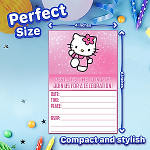 Set of 20 Cute Pink Cat Term or Description -Themed Happy Birthday Invitation Cards & Envelopes - Lightweight (240g), Postcard Style Invites for the Perfect Party Pack