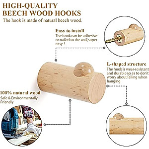 FDNVKTT Natural Wood Wall Hooks - 6 Packs - Adhesive Wooden Coat Hook Pegs - Modern Wood Pegs for Hanging - Decorative Wooden Pegs for Hanging Towel, Hat, Purse, Plant (Beech Wood)