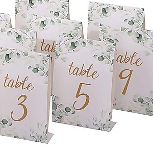 Efavormart 25 Pack White Green Double Sided Paper Wedding Table Numbers with Eucalyptus Leaves and Gold Foil Numbers Print, 7" Free Standing Table Sign Cards 1-25