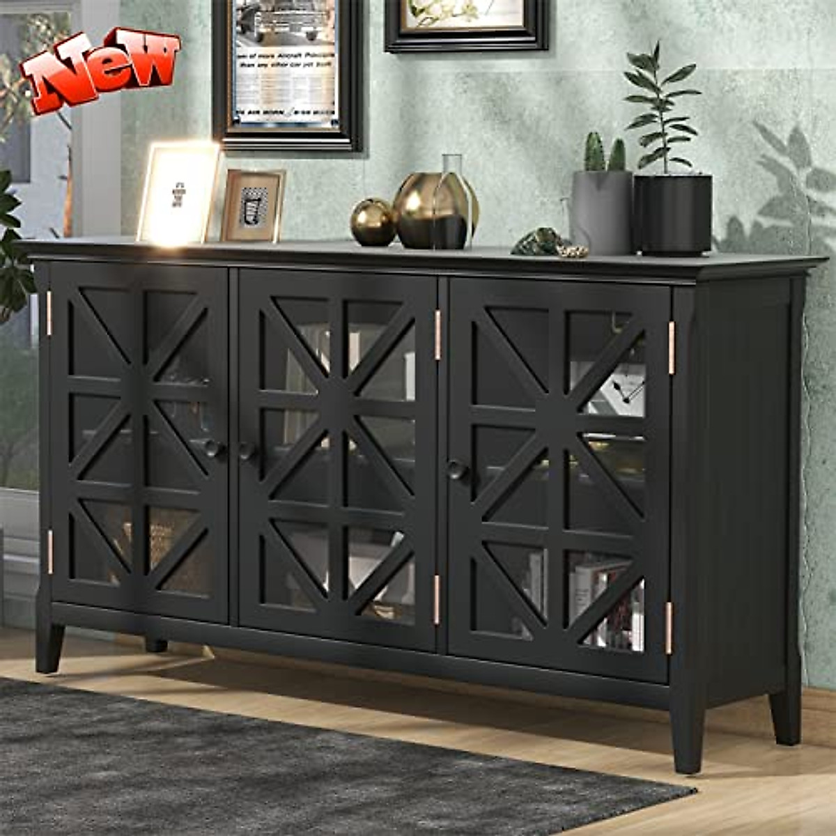 PRIARI Upgraded Version & Stronger Console Table Kitchen Buffet Sideboard with 3 Doors and Shelves, Thickened Enhanced Solid Wood Storage Cabinet for Entryway Dining Room (Faster Assembly) (Black)