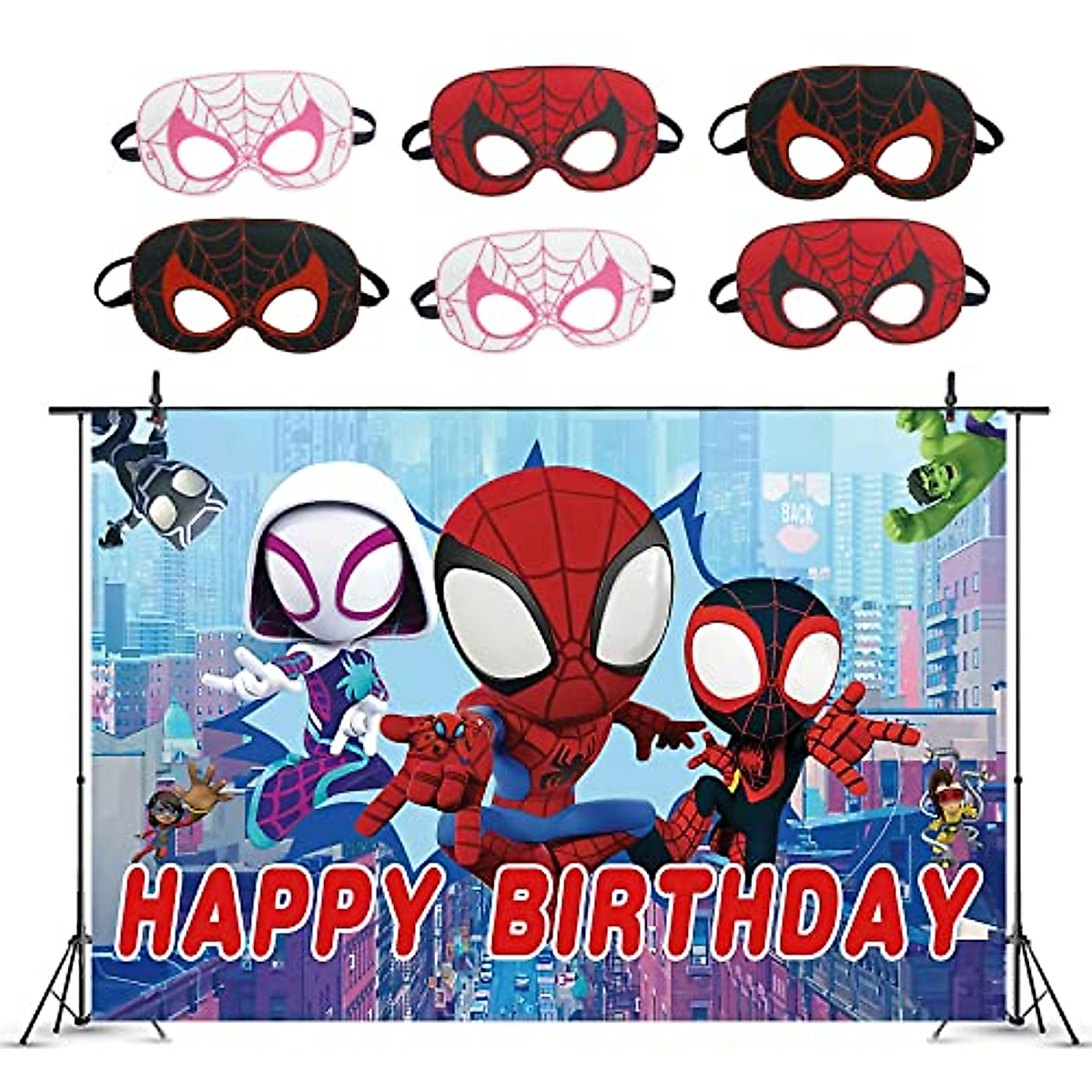 Spidey and His Amazing Friends Party Birthday Background, Spider Party Supplies,5x3Ft Spidey Photo Backdrop and 6 Pcs Spidey Party Cosplay Masks for Any Spidey Birthday Decor