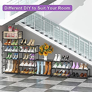 Finew 9 Tiers Shoe Rack Shoe Organizer, Shoe Rack for Entryway, Large Shoe Storage for 50-55 Pairs Shoes and Boots, Non-Woven Fabric Shoe Shelf with Versatile Hooks and Wooden Hammer for Bedroom