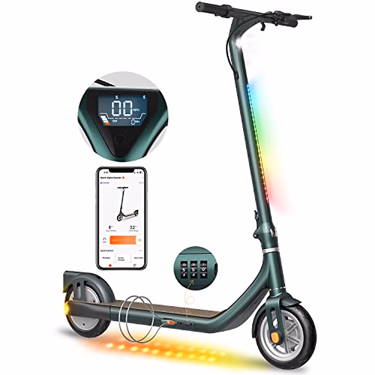 Atomi Alpha Electric Scooter Adults, 650W Motor Electric Scooter with 25 Miles Long Range, 19 Mph Speed, Colorful Ambient Lights, Combination Lock, Smart App, Folding Portable Adults Electric Scooter