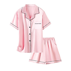 Schbbbta Pajamas Set for Girls Silk Button Down Pjs Satin Short Sleeve Sleepwear 2 Piece Lounge Sets, Pink, 11-12 Years