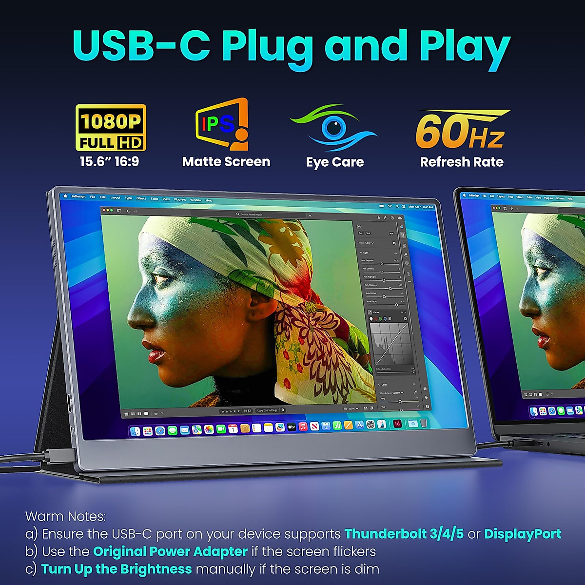 Upperizon Portable Monitor 15.6 Inch 1080P FHD HDR IPS Travel Screen HDMI USB-C Portable Monitor for Laptop MacBook PC Surface Xbox PS4/5 with Cover, VESA Compatible