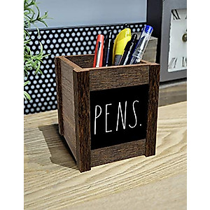 Rae Dunn Pencil Cup - Wooden Pen Holder and Desktop Organizer - Small Rustic Wood Desk Top Caddy for Office Accessories and Supplies - Organization for Home, School, Classroom, Work (Dark Brown)