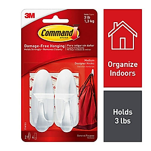 Command 17081ES Adhesive Strip Hooks,Medium Designer, Holds 3lbs, 2/PK, WE