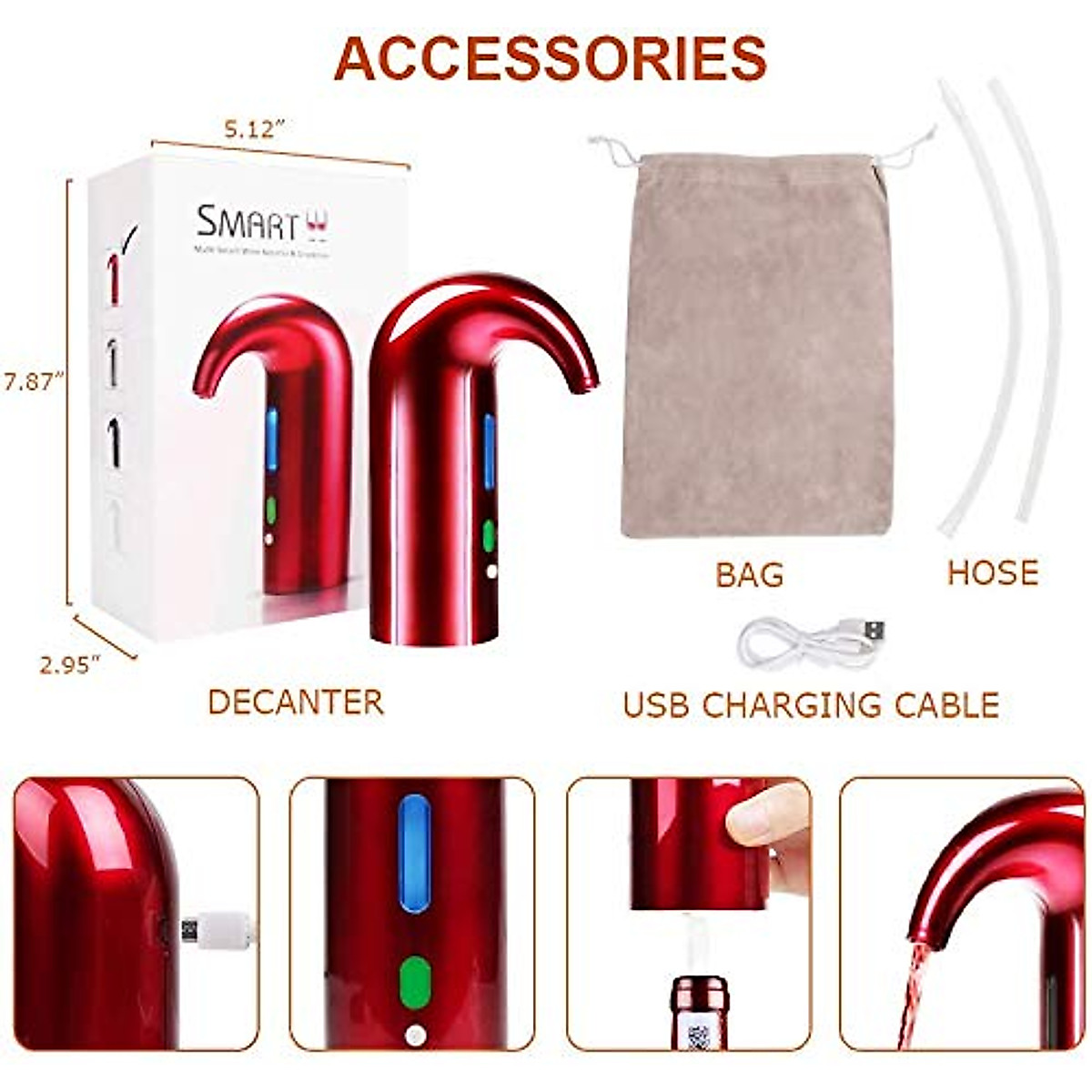 Electric Wine Aerator Pourer, Stopper Multi-Smart Automatic Filter Wine Dispenser - Premium Aerating Pourer and Decanter Spout - wine preserver(Lucky red)