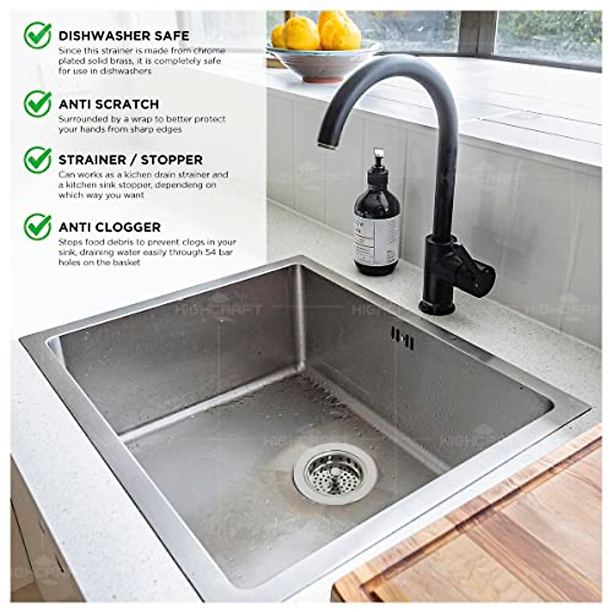 Highcraft 9734 Heavy Duty Kitchen Sink (3-1/2 Inch) Stainless Steel Drain Assembly with Strainer Basket Kohler Style Stopper, Stainless-Steel