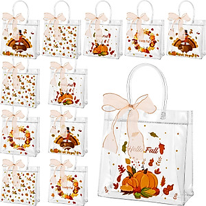Paterr 24 Pcs Thanksgiving Clear Gift Bags with Handles Thanksgiving Gift Bags Fall Gift Bags Thanksgiving Treat Bags Pumpkin Gift Bags 7.87 x 7.87 x 3.15 Inches for Autumn Thanksgiving Party Supplies