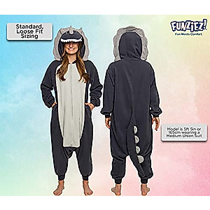 FUNZIEZ! Adult Triceratops Costume - Plush One Piece Dinosaur Costume - One Piece Pajamas(Grey, Large)