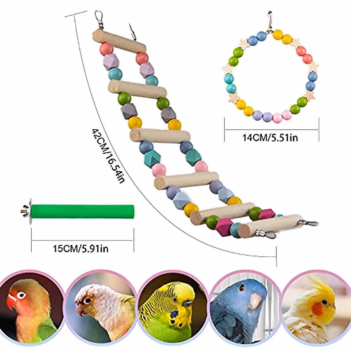PANQIAGU 6 Pcs Bird Parrot Toys, Hanging Bell Pet Bird Cage Hammock Swing Toy Wooden Perch Chewing Toy for Small Parrots, Conures, Love Birds, Small Parakeets Cockatiels, Macaws, Finches