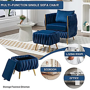 NIOIIKIT Modern Velvet Accent Chair with Storage Ottoman, Upholstered Hand Woven Lounge Chair with Pillow, Luxury Armchair, Vanity Chair for Living Room, Bedroom, Office (Navy)