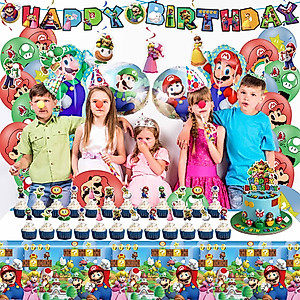 Mario Party Supplies Birthday Party Favors Super Mario Bros Birthday Decorations Include Birthday Banners, Balloons, Tablecloth, Cake Decoration, Cupcake Toppers, Hanging Swirls
