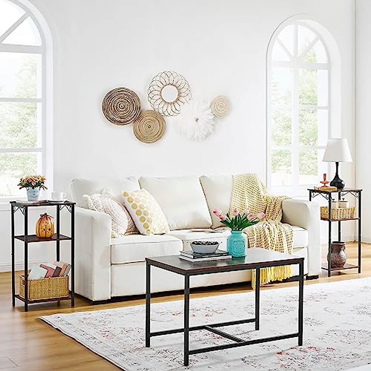 Hoctieon 3 Tier End Table Set of 2, Slim Side Tables, Narrow Side Tables, Nightstands for Small Spaces, Metal Frame, Easy Assembly, Rustic Brown