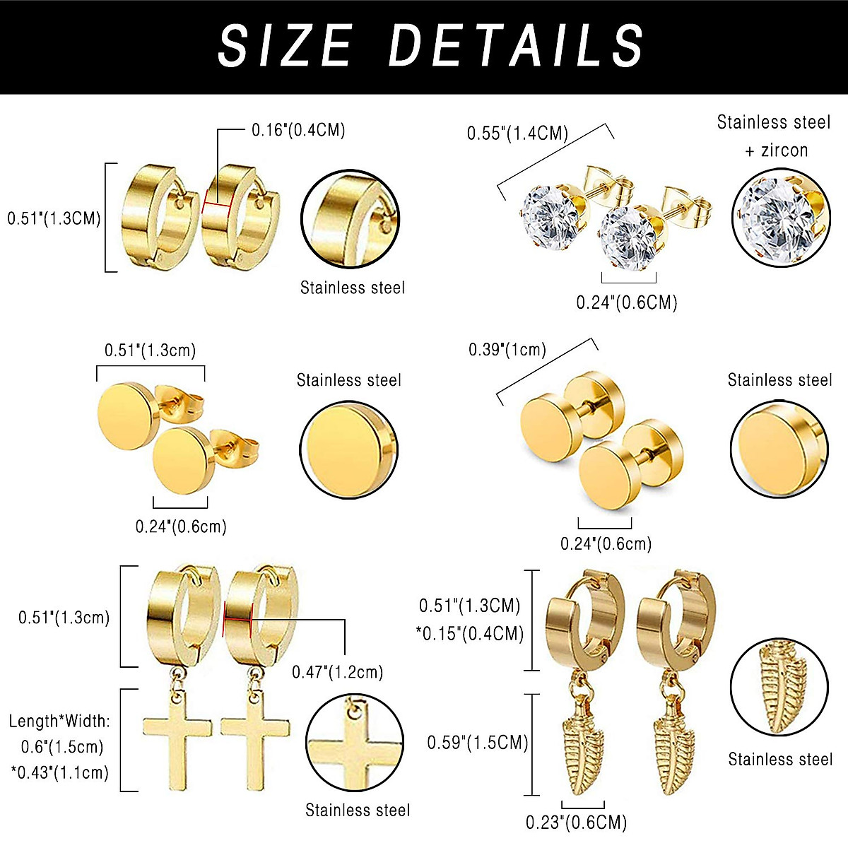 Aroncent 18 Pairs Stud Earrings Cross Dangle Earrings Fake Gauges Earrings Feather Huggie Hoop Earrings for Men Women Stainless Steel Earring Set