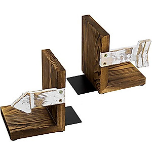 MyGift Rustic Burnt Solid Wood Decorative Bookend with Whitewashed Arrow Design, Office Desktop Book Support Stand, 1-Pair