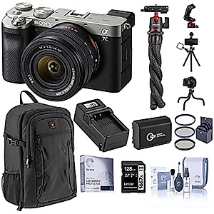 Sony Alpha 7C Mirrorless Digital Camera with FE 28-60mm Lens, Silver, Bundle with 128GB SD Card, Backpack, Mini Tripod, Extra Battery, Charger, Screen Protector and Accessories