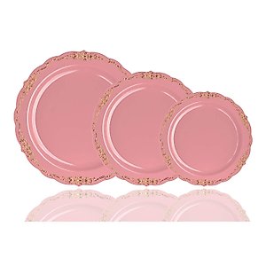 Exquisite 60 Pcs Disposable Plastic Plates | Victorian Design Premium Disposable Plates | 9 inch. Pink & Gold China Like Plastic Plates For Parties & Weddings
