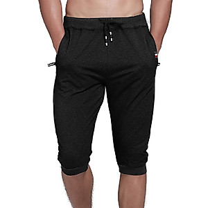 YSENTO Men's Cotton Casual 3/4 Jogger Running Capri Pants Below Knee Gym Workout Shorts Zipper Pockets Black 34