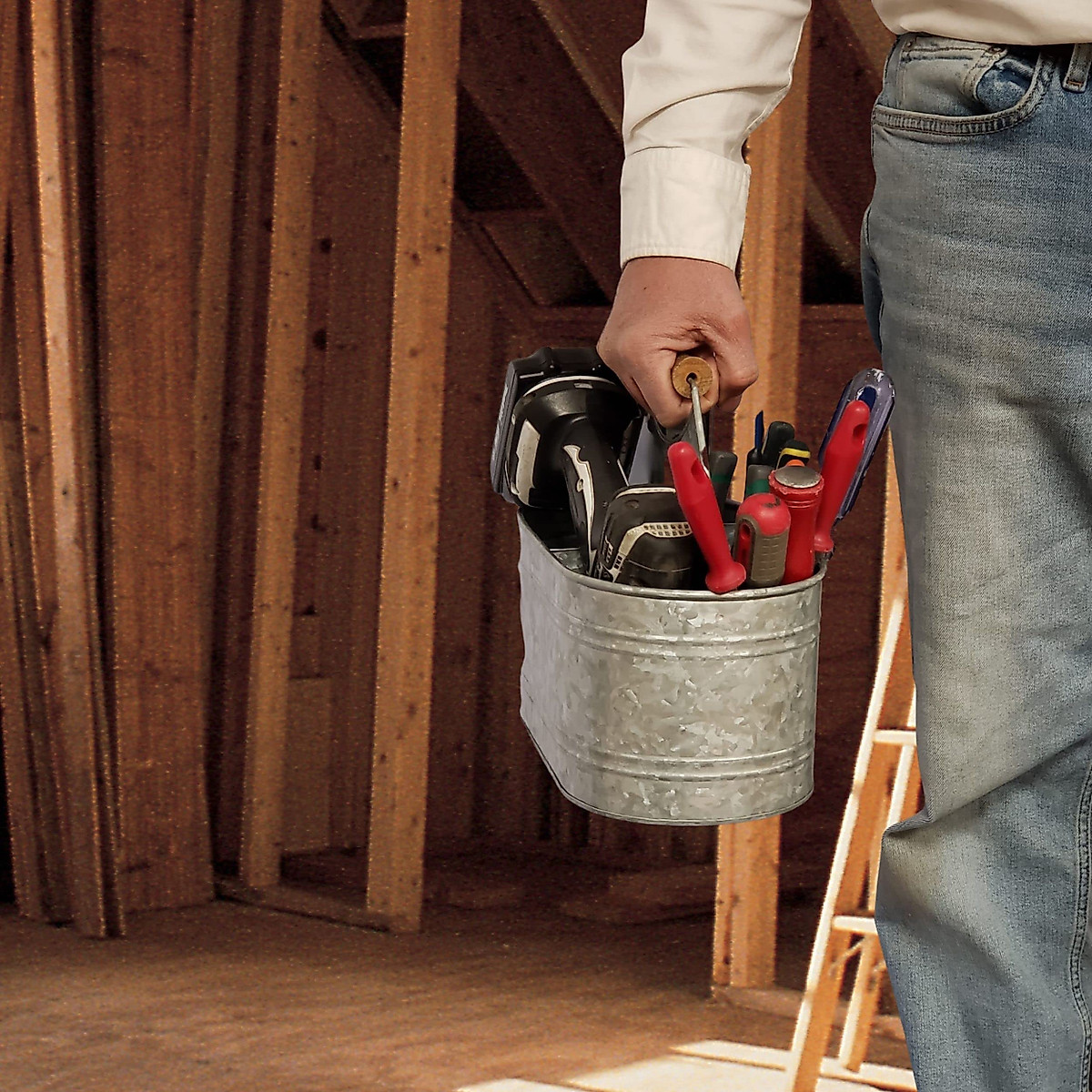 KOTINARA Galvanized Flatware Caddy - Strong Wooden Handle, Rust-Resistant, Indoor & Outdoor Use - A Farmhouse, Rustic, Country Style Organizer for Utensils, Flatware, Tools and more
