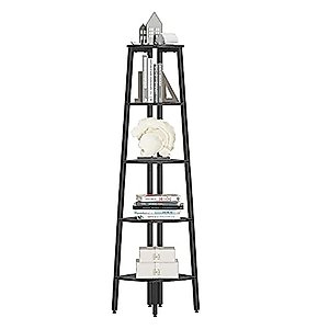 CubiCubi Corner Shelf Stand, Corner Shelves, Industrial Ladder Shelf for Small Space, Metal Corner Book Shelf with Two Hooks,Black Marble