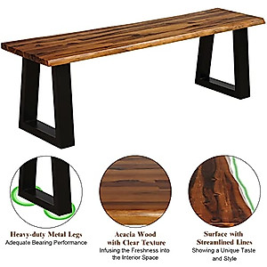 Liviza Outdoor Bench Indoor Bench, Solid Acacia Wood Patio Bench Dining Bench Seating Chair, Dining Benches for Garden, Lawn, Entryway, Farmhouse Bench with Metal Legs