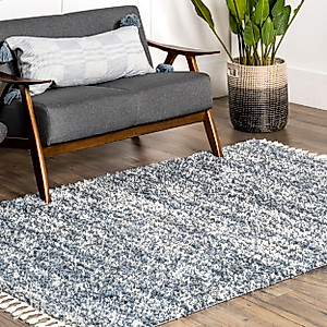 nuLOOM Brooke Shag Tasseled Area Rug - 8x11 Shag Area Rug Casual Light Blue/Ivory Rugs for Living Room Bedroom Dining Room Nursery