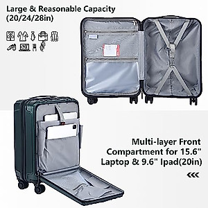 TydeCkare Luggage Set 2 Piece 20/28, 20" Carry-on with Front Pocket & 28" Expandable Luggage, ABS+PC Suitcase with Spinner Wheels, TSA Lock, YKK, Dark Green
