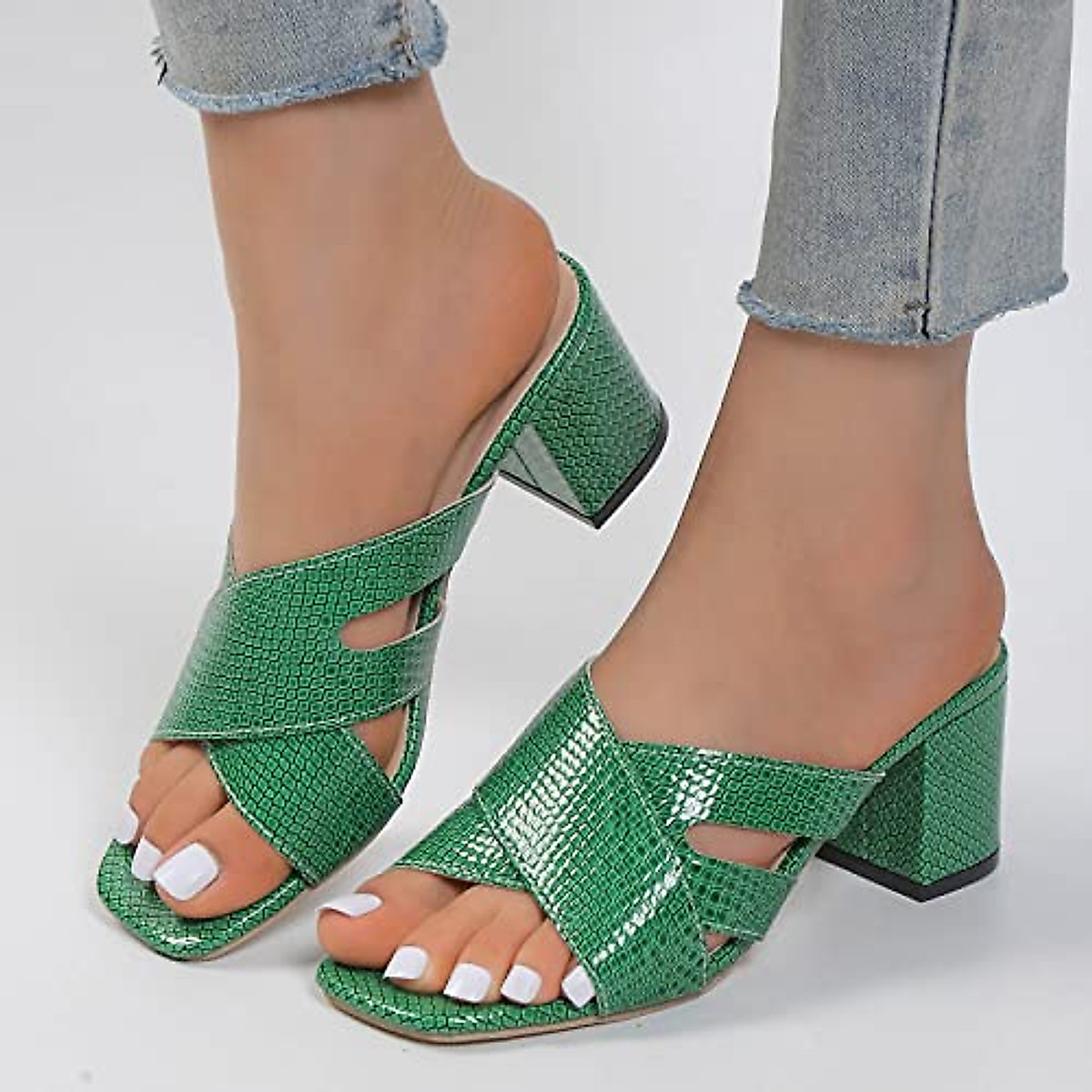 Womens Wedges Sandals Tan Women Sandals Summer Pattern Solid Open Toe Thick Heel Square Heel Slip On Shoes (Green, 7.5)